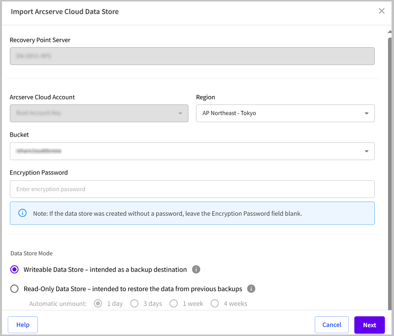 Import an Arcserve Cloud Data Store