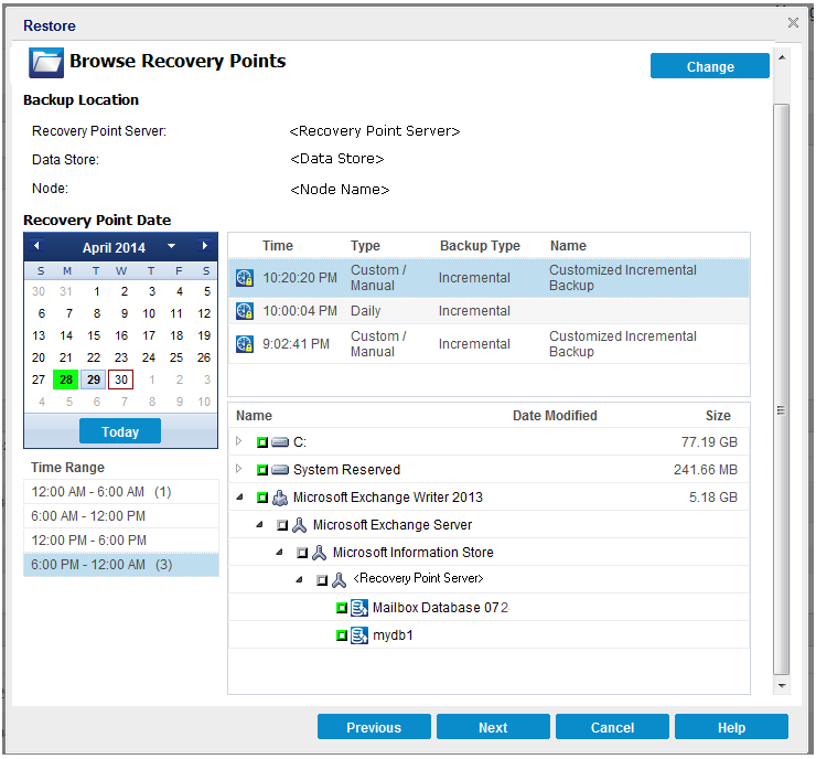 Specify the Recovery Point and Microsoft Exchange Database