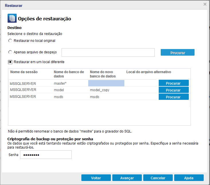 Defina as opções de restauração