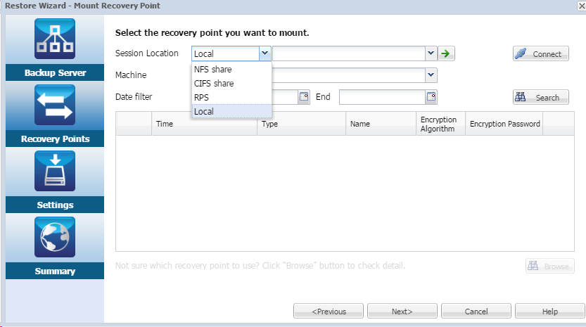 Specify the Recovery Point for Mount Recovery Point