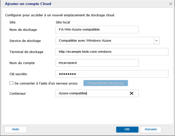 Ajout d'un compte cloud pour le service Compatible avec Windows Azure