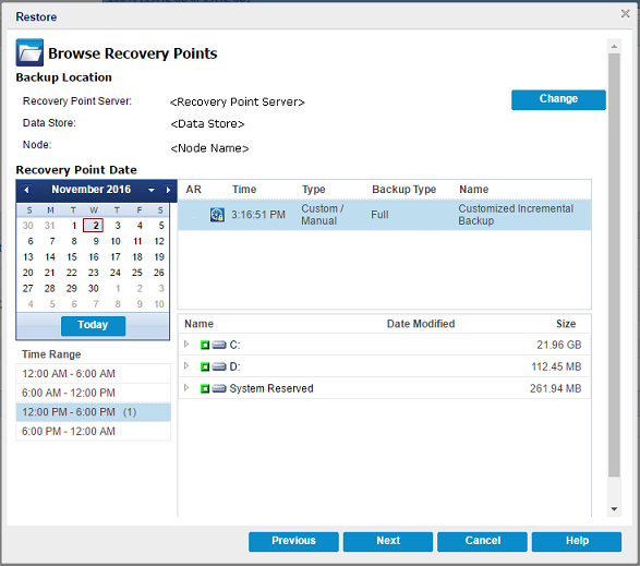 Specify the Recovery Point and Content to Restore